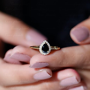 Certified Black Spinel Diamond Halo Engagement Ring, AAA Quality, Black Spinel 5X7mm Pear Shape Ring - Ready To Gift, 14K Yellow Gold, Size:US 7.50