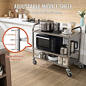 VEVOR Kitchen Utility Cart, 37.5"x19.7"x37.7" 3 Tiers Wire Rolling Cart, 450LBS Capacity Steel Service Cart with Brake Wheels, Storage Trolley with 80mm Basket PP Liner 6 Hooks, Indoor & Outdoor Use