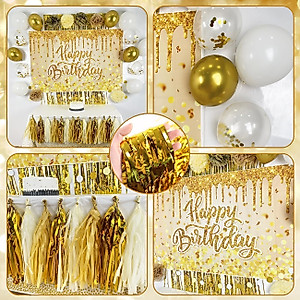 Gold Birthday Party Decorations Set Happy Birthday Decorations for Women Girls- Happy Birthday Banner Backdrop Gold and White Balloons Tassel Curtains Gold Dot Tablecloth Birthday Party Supplies