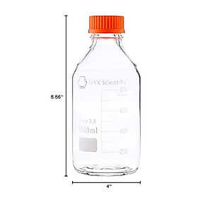 IVYX Scientific Round Media Storage Bottle, Borosilicate Glass, with GL45 Screw Cap - Pack of 2 (1L / 1000 mL)
