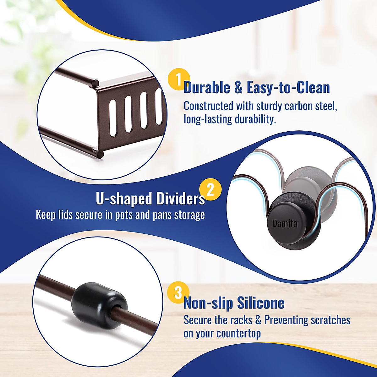 Damita Expandable Pot and Pan Organizer Rack for Cabinet, 2 Pack Pot Lid Holder with 10 Adjustable Compartments - Ideal Kitchen Cabinet Organizer for Cutting Board, Frying Pan, and More (Brown)