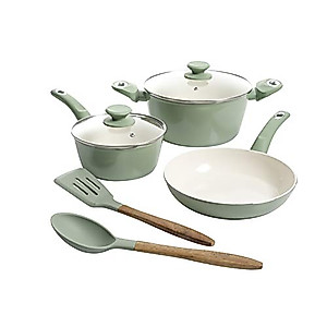 Gibson Home Plaze Café' Forged Aluminum Non-stick Ceramic Cookware with Induction Base and Soft Touch Bakelite Handle, 7-Piece Set, Mint Green