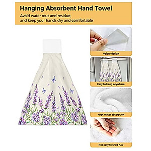 WARM TOUR 1Pcs Kitchen Hanging Towel Country Purple Lavender Flower Butterfly,Absorbent Soft Hand Tie Towel with Loop Fall Floral Retro Linen,Tea Bar Dish Cloth Dry Towel for Bathroom