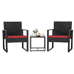 Flamaker 3 Pieces Wicker Patio Furniture Outdoor Modern Rattan Chair Conversation Sets with Coffee Table for Yard and Bistro (Red)