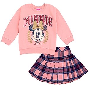 Disney Minnie Mouse Little Girls Fleece Sweatshirt and Skirt Plaid Pink 7-8