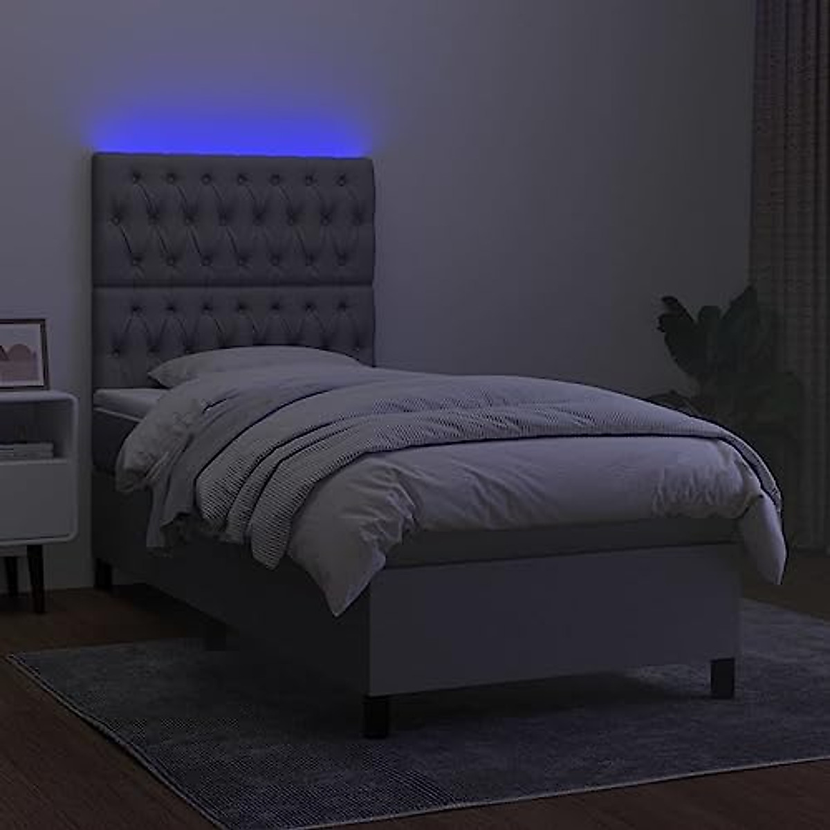 vidaXL Box Spring Bed with Mattress and LED Bedroom Upholstered Single Bed Frame Base Mattress Protector Foam Topper Light Gray Twin XL Fabric