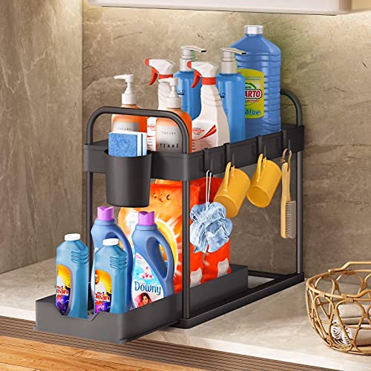 PXRACK 2-Tier Under Sink Organizer, Sliding Under Bathroom Cabinet Storage Drawer Basket Organizer Rack with Hooks, Hanging Cup, Handles, Under Sink Shelf Organizer for Bathroom, Kitchen