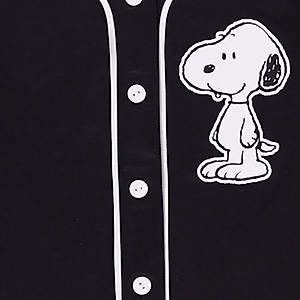 Peanuts Ladies Snoopy Baseball Jersey Snoopy Charlie Brown, Woodstock, Linus Mesh Button Down Baseball Jersey (Black, Large)