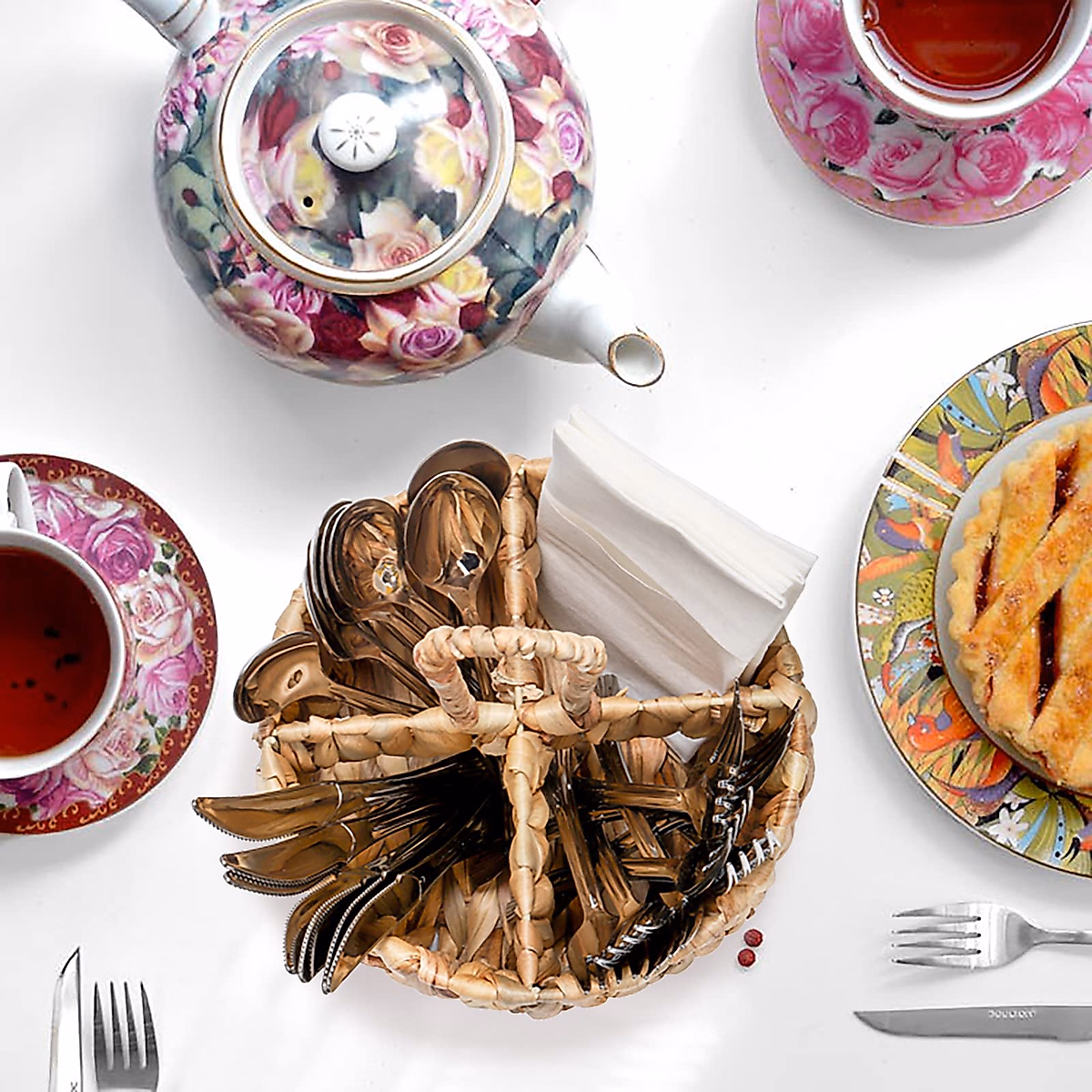 Hiceeden 2 Pack Utensil Caddy with Handle for Countertop, Water Hyacinth Silverware Caddy Holder Organizer for Party, Hand Woven Flatware Cutlery Caddy for Picnic