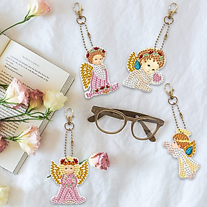 LUSandy 4pcs DIY 5D Angel Diamond Painting Keychain Kits Full Drill Special Shape Crystal Angel Diamond Art Key Chain Key Ring Set for Backpack Shoulder Bag Accessories Adults