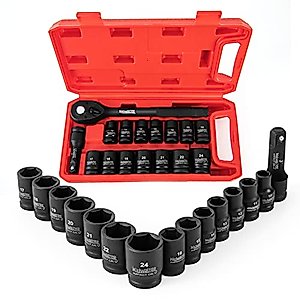 Meiwaltee 1/2-Inch Drive Metric Shallow impact Socket Set,16 PCS Metric 10-24mm Set,Includes 72-Tooth Ratchet and 3'' Extension Bar,Cr-V, 6 Point