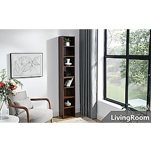 MAKIAAP Dark Brown Tall Narrow Bookshelf,8-Tiers Bookcase with Adjustable Shelves,Double-Decker Combination Thin Media Tower Rack,CD DVD Slim Storage Cabinet for Living Room,Bedroom,Studio and Office