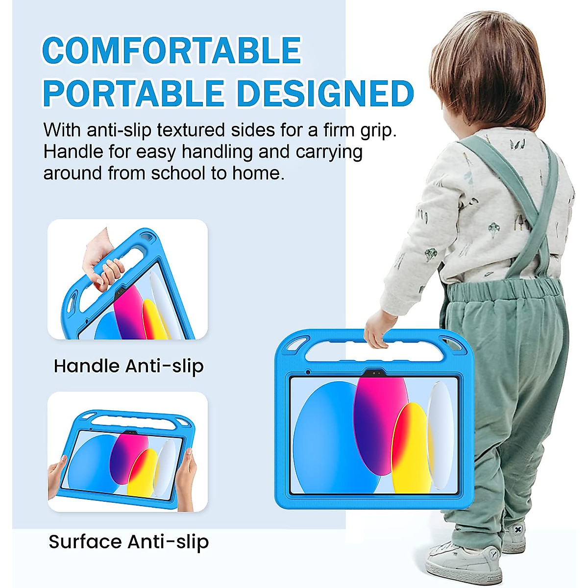 BMOUO Kids Case for iPad 10th Generation 10.9 inch 2022 - with Built-in Screen Protector, Shockproof Light Weight Covertible Handle Stand 2022 iPad 10th Generation Case for Kids Toddlers Girls, Blue