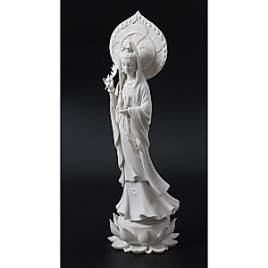 Top Collection 17" Quan Yin Avalokiteshvara on Lotus Pedestal Statue - Premium Resin - White Marble Finish - East Asian Buddhist Deity Goddess of Compassion and Mercy