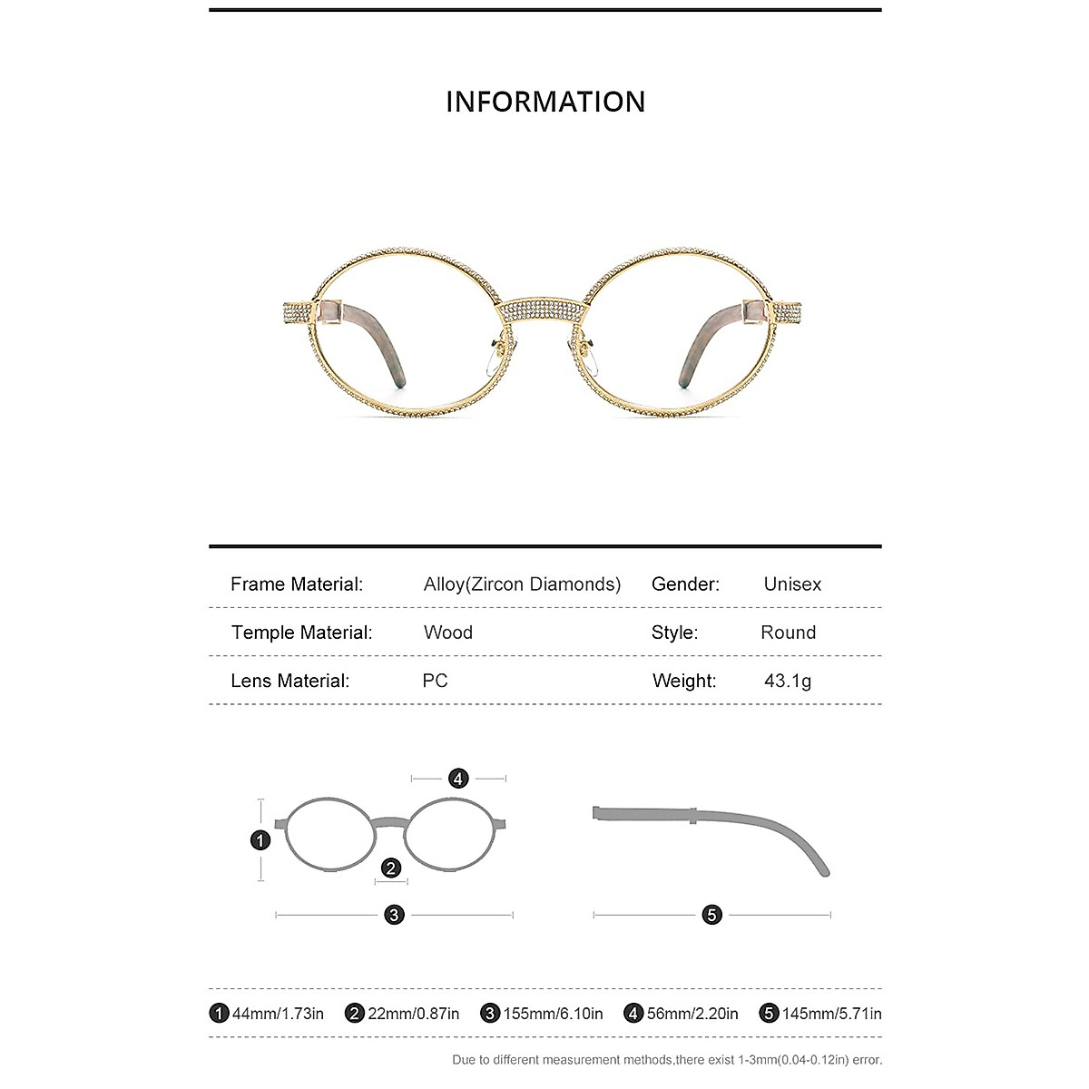 HEPIDEM 100% Really Buffalo Horn Handmade Glasses Frames Luxury 720pcs Diamonds Buffs Eyeglasses 7550179 (7550179 Wood Frame)