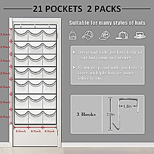 DonYeco 2 Pack Hat Racks for Baseball Caps, 42 Pockets Over Door Cap Organize, Bottom Pocket Space Upgraded with Fixing Stickers, White