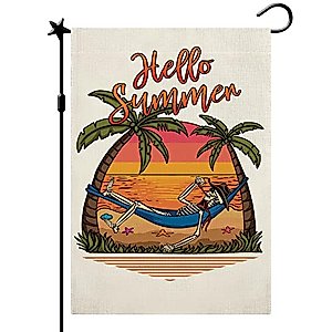 CMEGKE Hello Summer Garden Flag Cool Skull Skeleton Summer Yard Flag Pool Signs Summer Garden Flag Beach Party Vertical Double Sided Burlap Party Holiday Yard Home Farmhouse Outside Decor 12.5 x 18 In