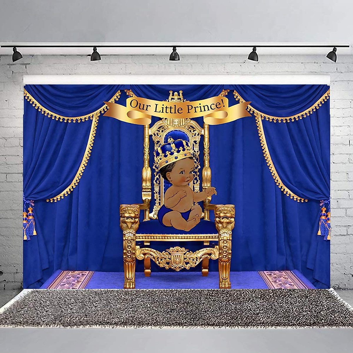 5×3ft Royal Little Prince Boy King Baby Shower Backdrop Blue Curtain Gold Crown Theme Party Banner Decorations Ethnic Black Boys Newborn 1st Birthday Cake Table Supplies Portrait Shooting Photo Props