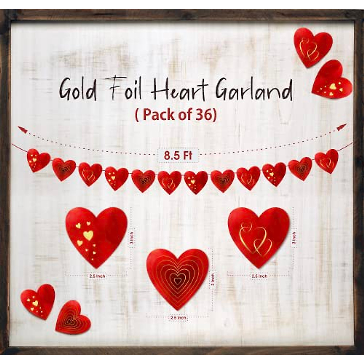 Easykart 36 Hearts Garland Red Gold Foiling Hearts Hanging String 3 Pack (Each 8.5ft) Anniversay Decorations Festival Birthday Home Windows Background Party Supplies