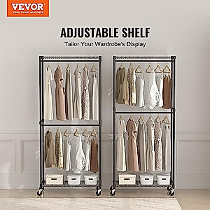 VEVOR Heavy Duty Clothes Rack, Double Hanging Rods Clothing Garment Rack with Bottom and Top Storage Tier, Rolling Clothing Rack for Hanging Clothes, 1'' Diameter Thicken Steel Tube Hold Up to 300Lbs