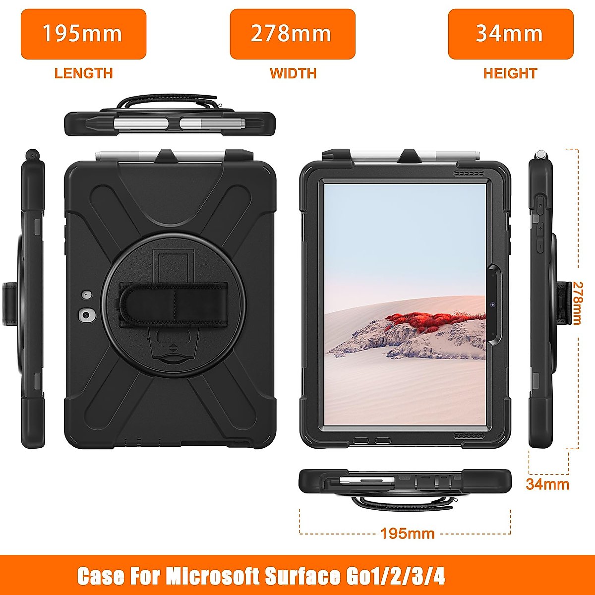 ZenRich Rugged Case for Surface Go 4 (2023)/Surface Go 3 (2021)/ Surface Go 2 (2020), Surface Go (2018) with Pen Holder Heavy Duty Shockproof Case with Stand Hand Strap and Shoulder Belt-Black