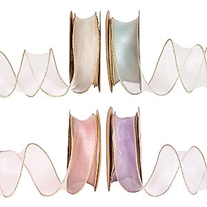 Ornales Sheer Wired Organza Ribbon,Chiffon Ribbon with Golden Edge for Gift Wrapping, DIY Crafts Bouquet Garland Baking Decoration 1-1/2 in x 10-Yd (Light)