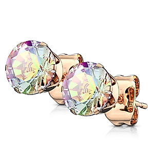 Amelia Fashion Pair Rose Gold Round Aurora Borealis CZ Earring Studs 316L Surgical Stainless Steel (Aurora Borealis 6mm)