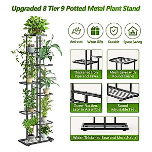 Corner Plant Stand Indoor 8 Tier 9 Potted with Gardening Tools and Gloves, Upgraded Tall Metal Plant Shelf Organizer Outdoor, Multiple Flower Holder Display Rack for Patio, Garden, Balcony, Living Room