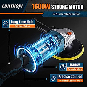 LDHTHOPI Buffer Polisher, 1600W 7 Inch/6 Inch Rotary Buffer Polisher Waxer, 7 Variable Speed 1000-3500 RPM, Detachable Handle for Car, Boat Sanding, Polishing, Waxing