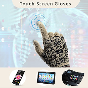 ecodudo 3 Pieces Winter Hat Scarf and Glove Set Knit Snowflake Pattern Beanie Hat Warm Long Scarf with Touchscreen Gloves for Women (Beige)