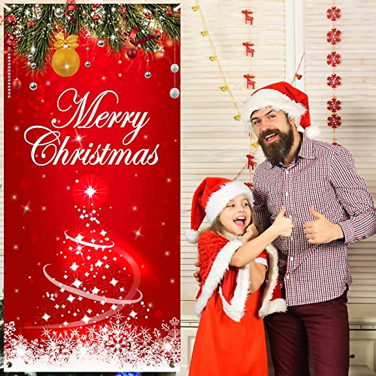 Merry Christmas Backdrop Banner - Red Door Decorations for Xmas Photo Booth Prop