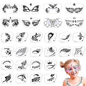 Twpribarn 28 Pcs Face Paint Stencils Kits Face Painting Stencils Reusable Face Tattoo Painting Templates Body Makeup Painting Templates for Kids Face Painting Holiday Halloween Tattoo Stencils (Mix01)