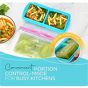 XOMOO Silicone Freezer Tray With Lid-Soup Freezer Container molds-2-cup Extra Large Ice Cube Tray-makes 4 perfect 500ml portions cubes, For freezing soup,stews,sauces.Oven&Dishwasher-Safe(2-Pack)