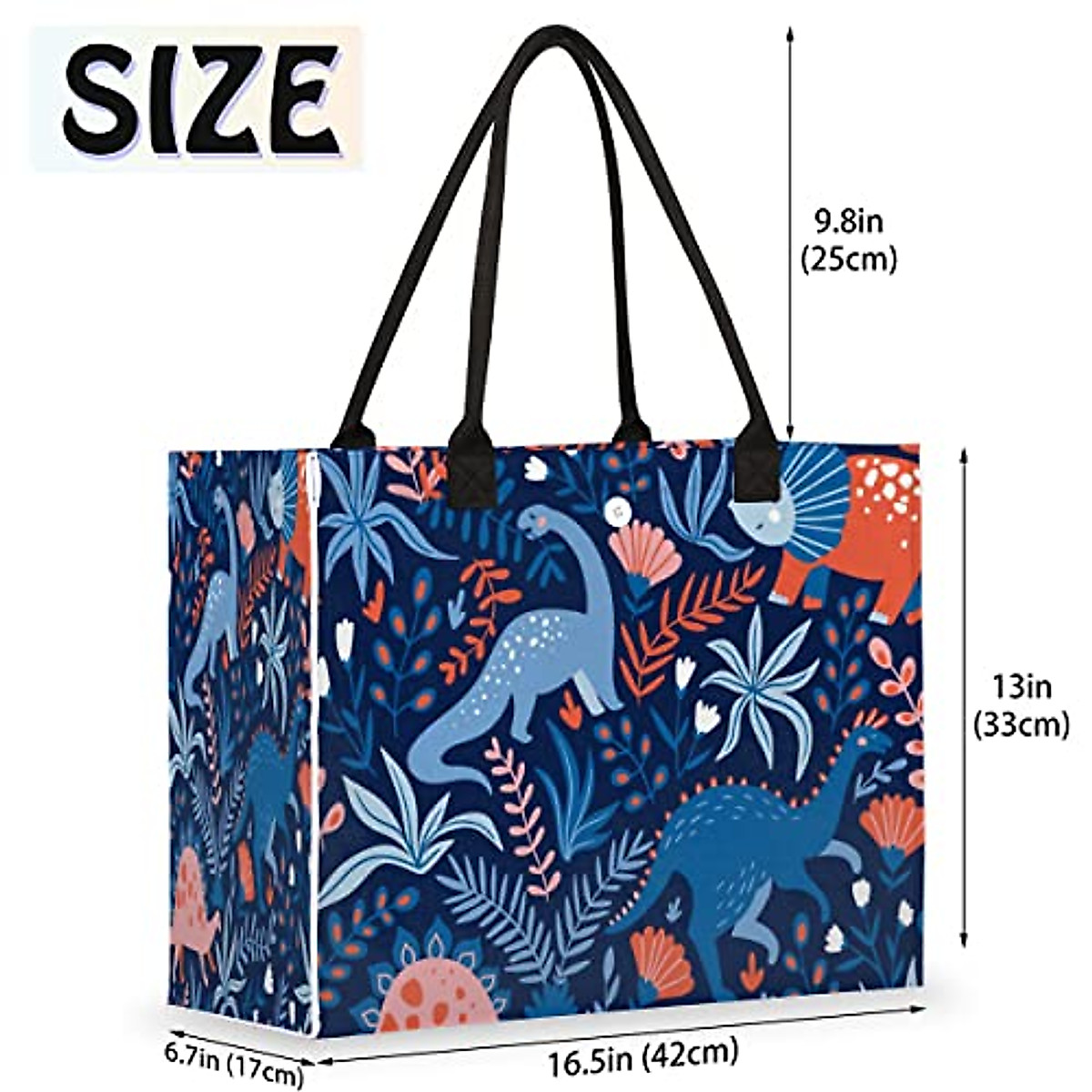 Cartoon Dinosaur Reusable Grocery Shopping Bag with Hard Bottom, Cute Animal Large Foldable Multipurpose Heavy Duty Tote with Zipper Pockets, Stands Upright, Durable and Eco Friendly, Beach Bag