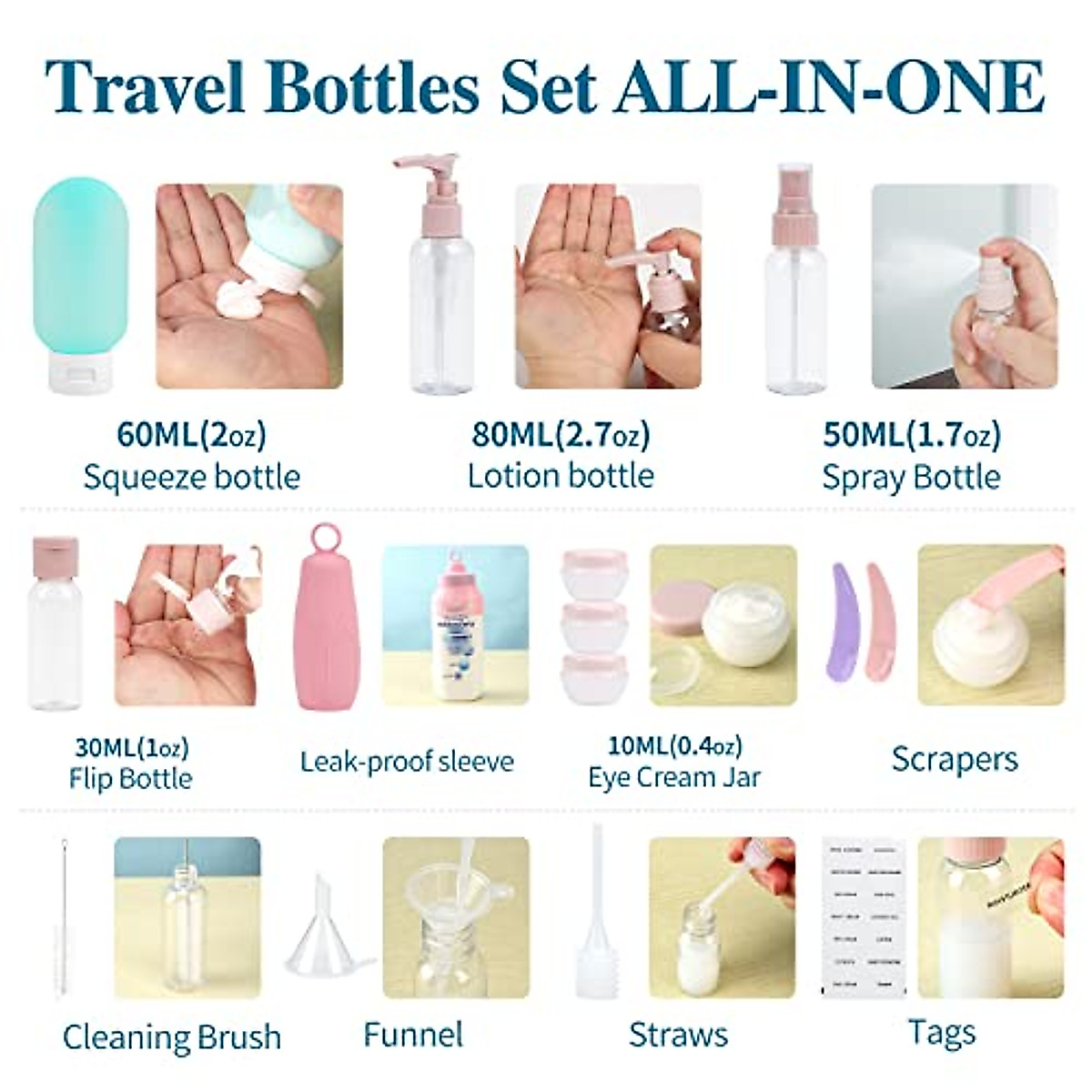 CCTIVED Travel Size Bottles for Toiletries, 19 Pack TSA Approved Travel Bottles for Women, Leak Proof Refillable Travel Containers Toiletery Kit for Shampoo Conditioner Lotion