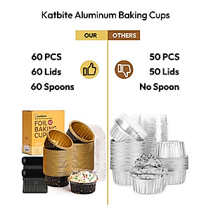 Disposable Ramekins with Lids - Katbite 60 Pack 5oz Aluminum Foil Cupcake Baking Cups, Muffin Tins for Creme Brulee, Desserts, Baking - Black