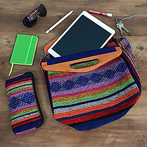 MEXICANDOO Set of Authentic Mexican Handcrafted Woven Handbag with Wooden Handles and Matching Clutch Bag for Women or Girls. Casual Purse, Bohemian, Boho, Sarape, Baja, Aztec, Summer, Beach (Blue)