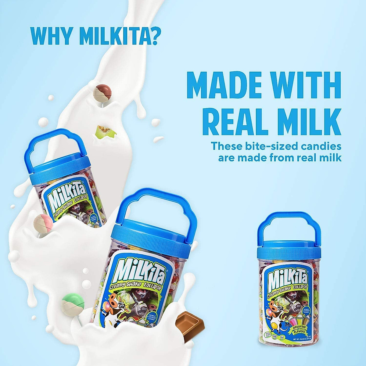 Milkita Creamy Shake Lollipop Jar, Gluten Free Chewy Candies with Calcium & Real Milk, Low-Sugar, Assorted Flavors (Strawberry, Chocolate, Honeydew, Banana), 45 Pcs