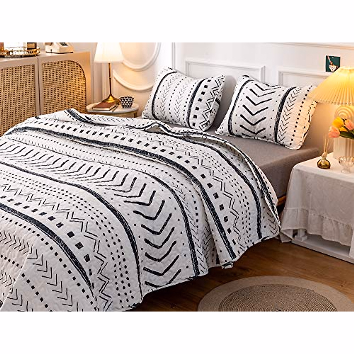 JANZAA Boho Bedding Bedspreads Queen Size,3 PCS Bohemian Quilt Set with Geometric Printed for All Season(Two Pillow Cases)