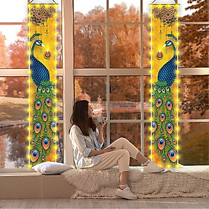 Happy Diwali Porch Banner with Lights Indian Diwali Peacock Front Porch Welcome Sign Deepavali Indian Festival of Lights Decorations-12×71''