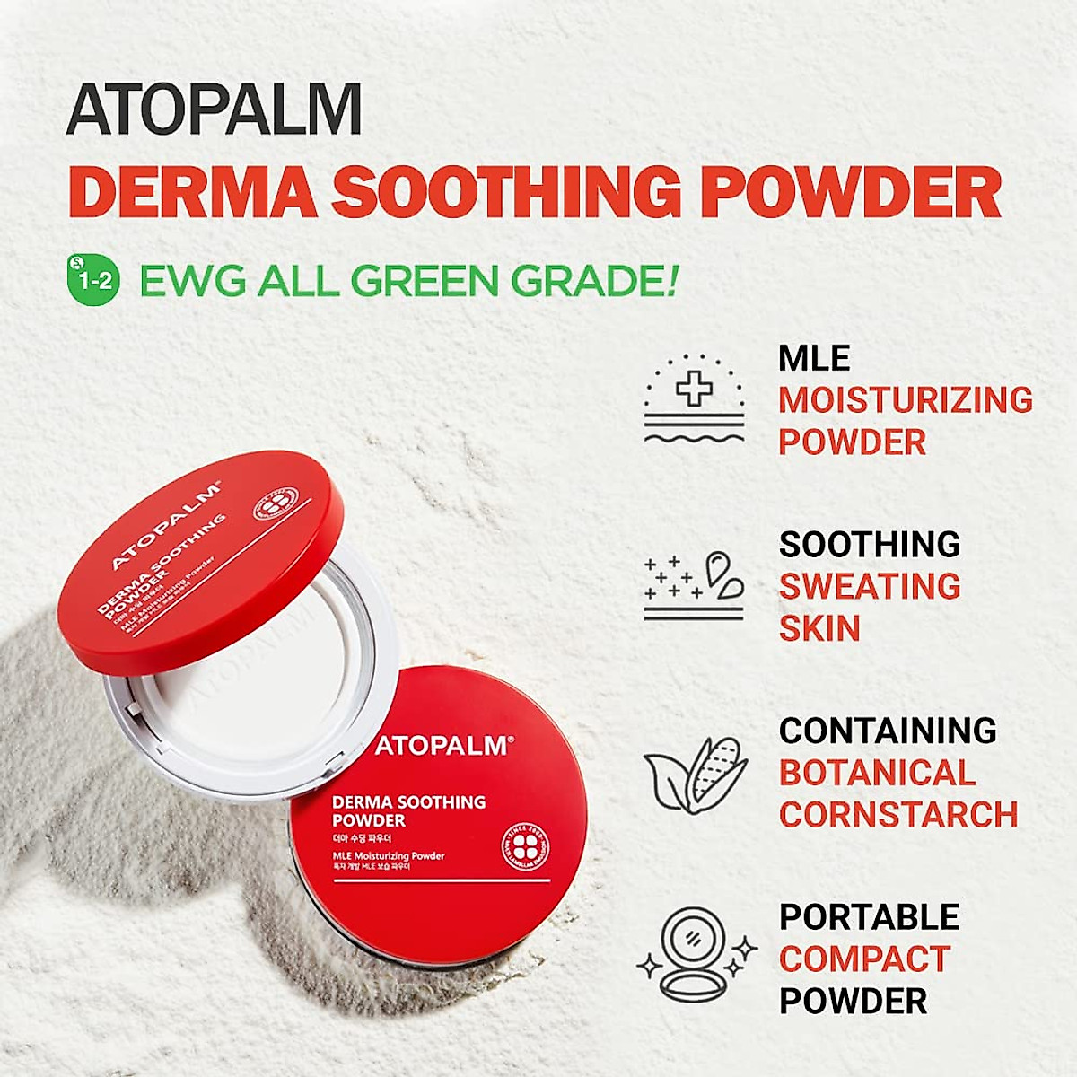 ATOPALM Derma Soothing Powder Pact, 0.8 Oz, Talc Free Baby Dusting Powder with Cornstarch, Panthenol for Calming Sweat Rash, to Prevent Prickly Heat, 23g