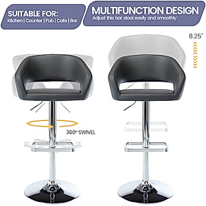 Vogue Furniture Direct Adjustable Bar Stool with Hollow Back and Arms, Modern PU Leather Swivel Barstool, Airlift Counter Height Bar Chair for Kitchen Dining Room (Grey)