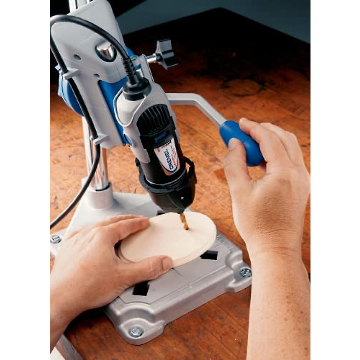 Dremel Drill Press Rotary Tool Workstation Stand with Wrench- 220-01- Mini Portable Press- Holder- 2 Inch Depth- Ideal for Drilling Perpendicular and Angled Holes- Table Top , Silver