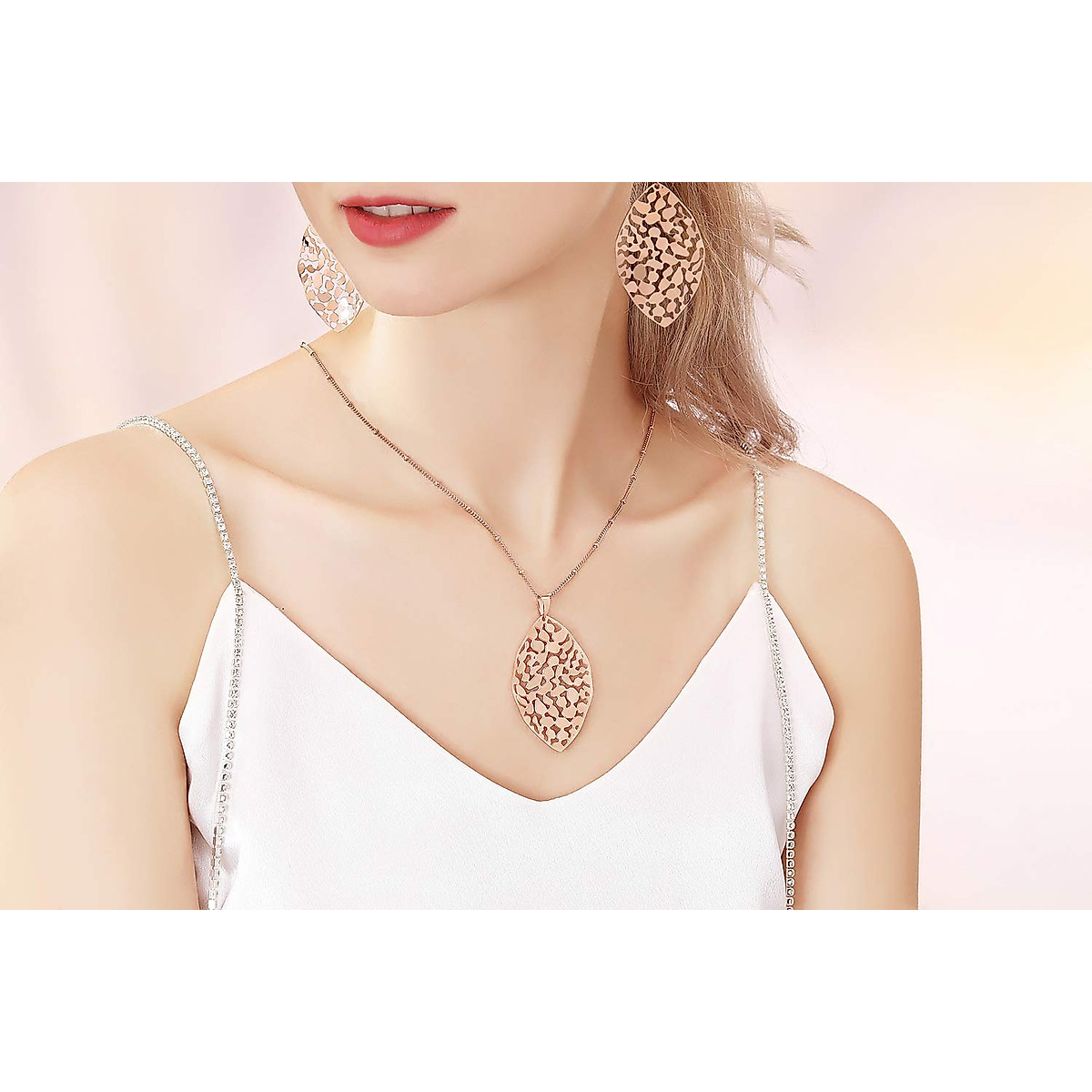 Cyan Birdee Leaf Dangle Earrings for Women Gold-plated Filigree Dropping Lightweight Fashion Jewelry, Mother's Day Gift (Rose Gold Leaf)