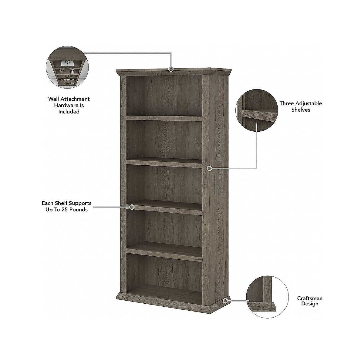 Bush Furniture Yorktown L Shaped Desk with Hutch, Lateral File Cabinet and 5 Shelf Bookcase, 60W, Restored Gray