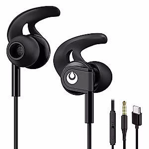 Fixscad M361 Sports Earbuds Wired, in Ear Running Headphone with Microphone, Anti-Slip Shark Ear Hook Earphones for Workout Exercise Gym, Compatible with iPhone Android Phones PC, with Type-C Adapter