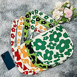 Women Knitted Shoulder Bag Flower Print Messenger Bag Stylish Vintage Hobo Bag Large Capacity Knit Tote Bags