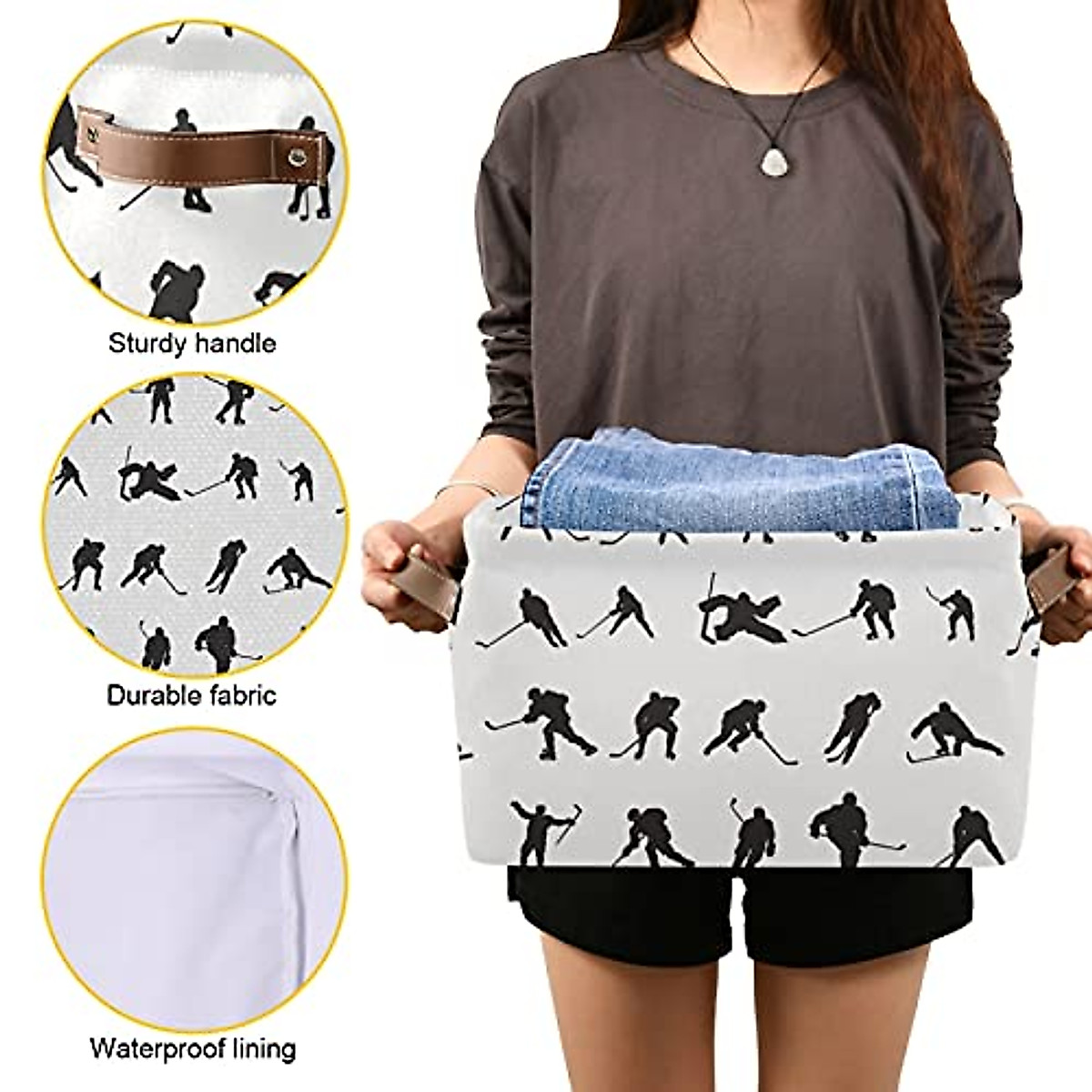 Oyihfvs Hockey Player Doing Different Actions Square Shelves Storage Basket Bin, Waterproof Laundry Hamper Bucket, Baby Nursery Organizer with Handles for Toys Clothes Room Closets