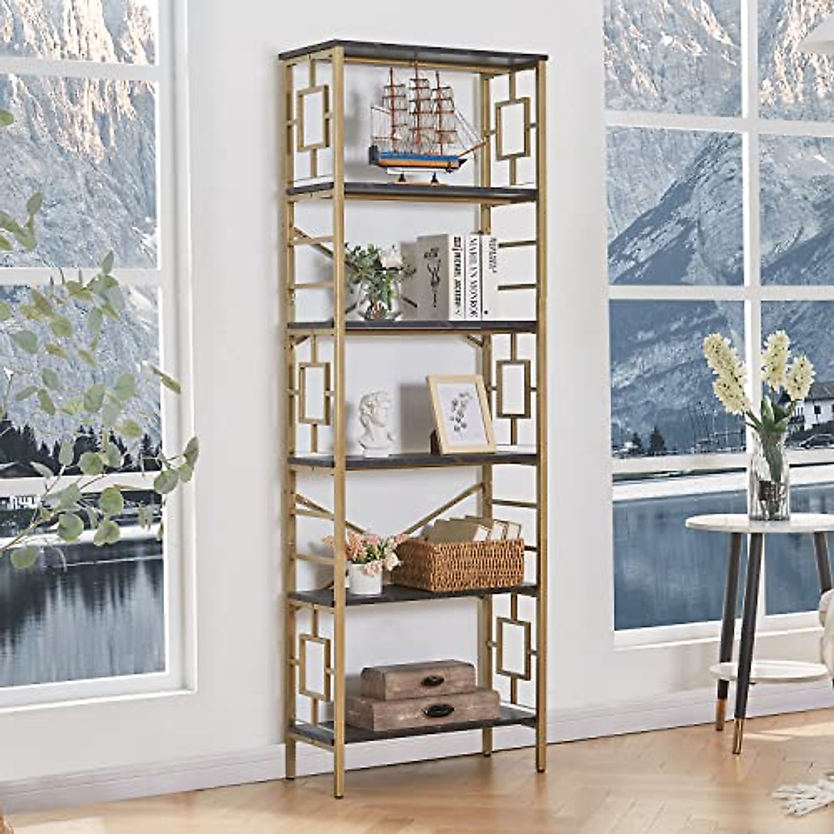 HOMISSUE Bookcase,6-Tier Tall Bookshelf Metal Bookcase and Bookshelves, Free Standing Storage Modern Bookshelf for Home Office Living Room and Bedroom, Black & Gold
