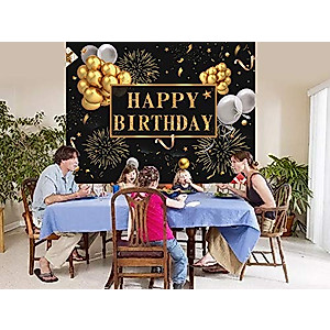 Saliyaa 7x5ft Happy Birthday Backdrop Banner, Birthday Party Decor,Black Gold Poster Photo Booth Backdrop Background Banner for Men Women 30th 40th 50th 60th 70th 80th Bday Party Supplies